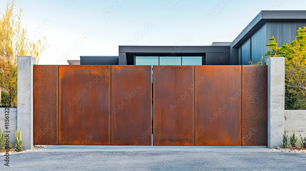 Contemporary rust-finished corten steel gate with offset panel design ...