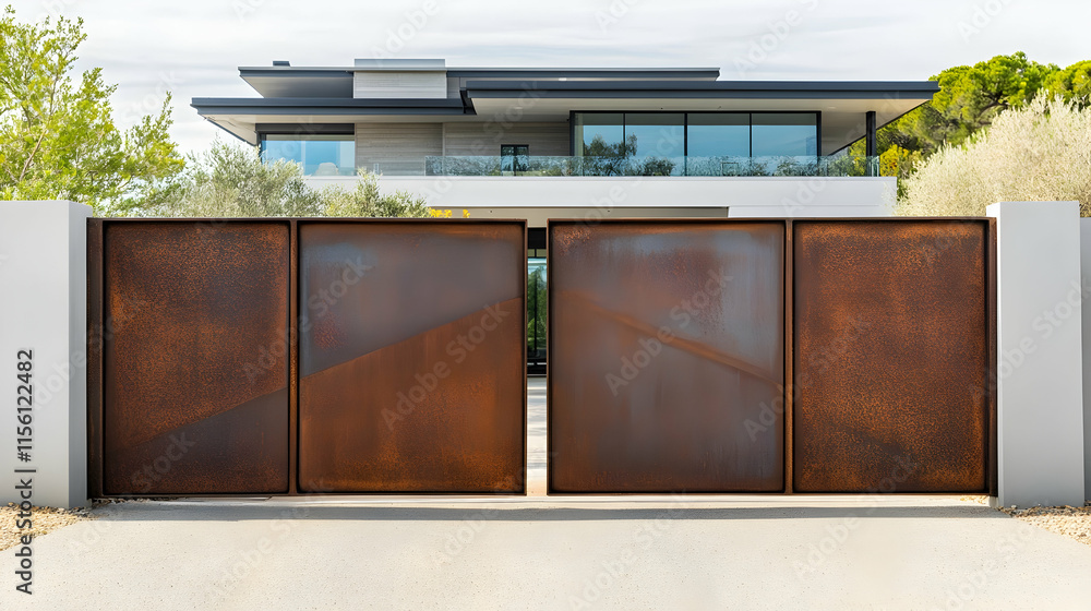 Contemporary rust-finished corten steel gate with offset panel design ...