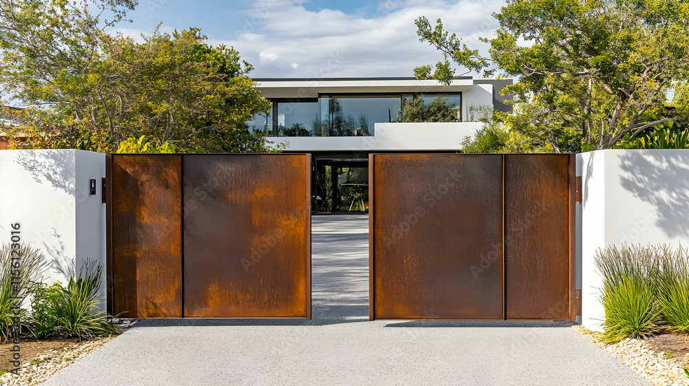 Contemporary rust-finished corten steel gate with offset panel design ...