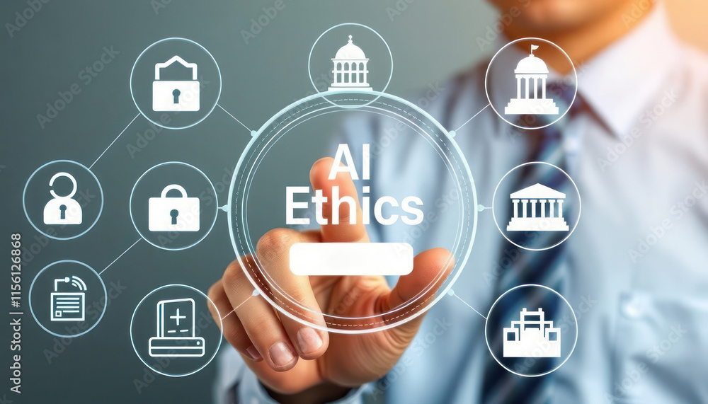Ilustração Businessman interacts with virtual AI ethics interface ...