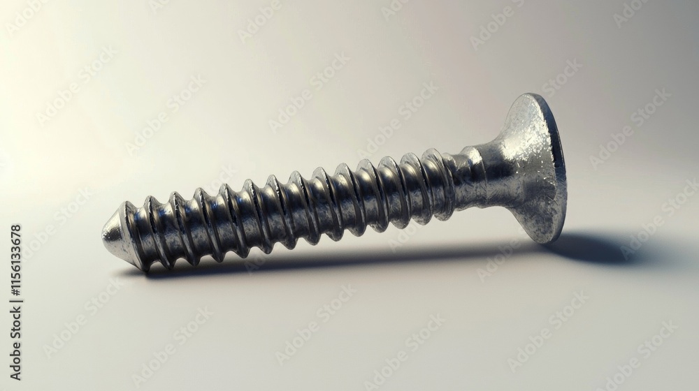 Silver screw lying on a smooth surface showing its detailed threads and ...