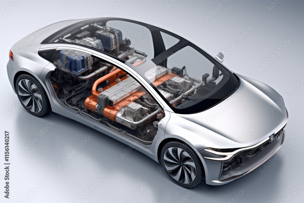 Detailed view of an electric vehicle s interior with open battery pack ...