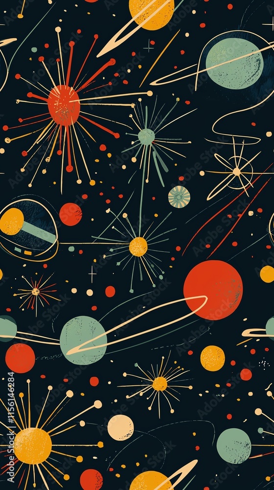Atomic age spacewalk pattern, retro celestial design, vintage space age ...