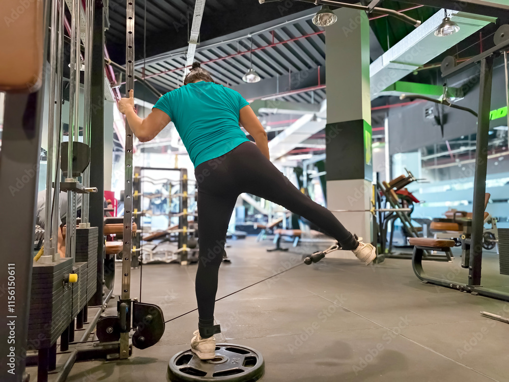 A 40 year old Asian-Indonesian woman does exercises to train her leg ...