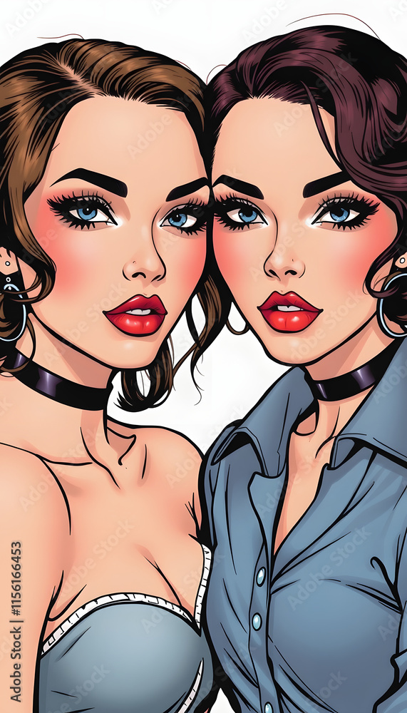 Two attractive twins women in glamour makeup, comic art, with white tones Stock Illustration ...