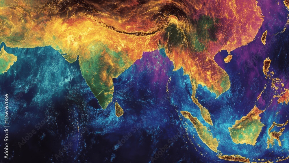 Infrared satellite image of South Asia, showing temperature variations ...