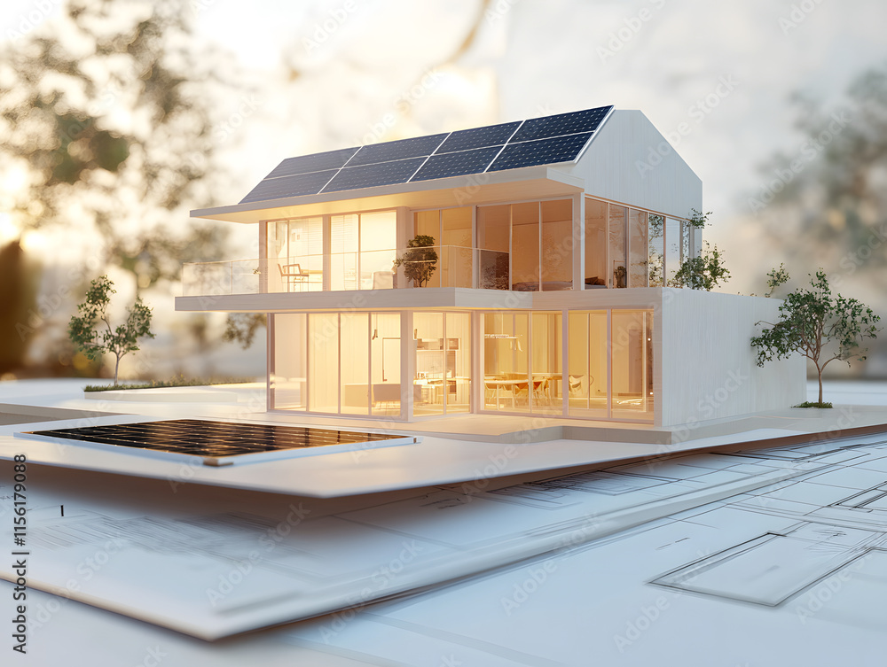 Architectural Model of Two-Story Solar-Powered House with Blueprints ...