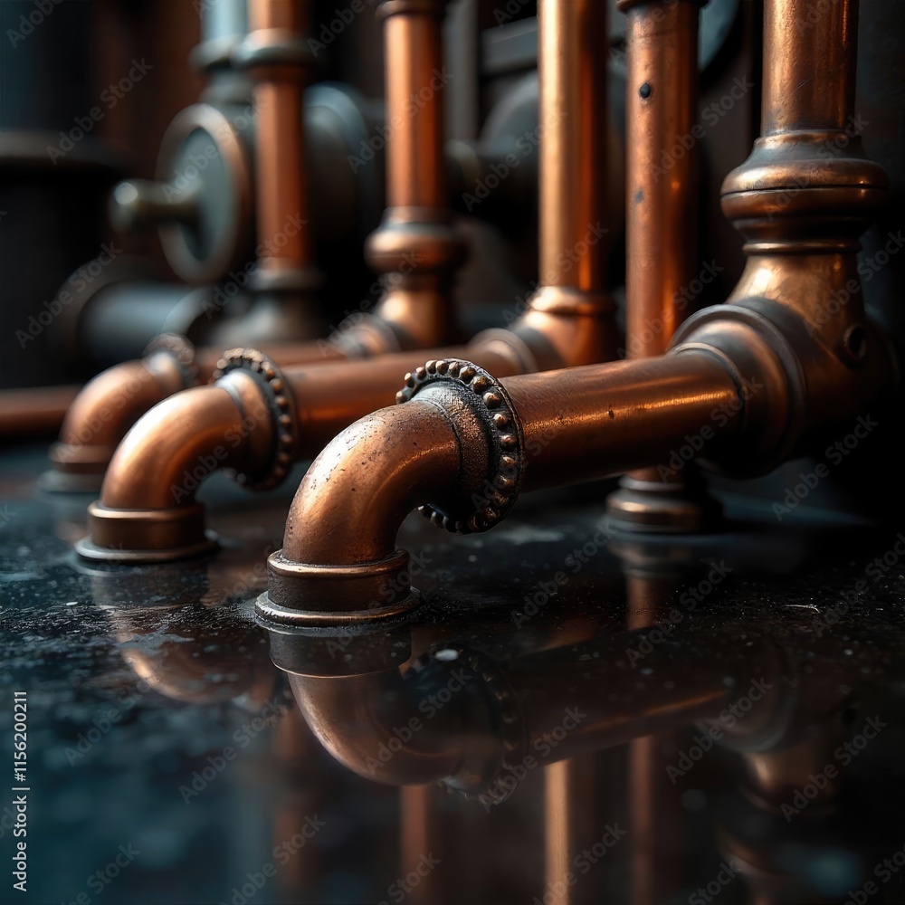 Industrial copper pipes and fittings on a factory floor, showcasing mechanical components in a ...