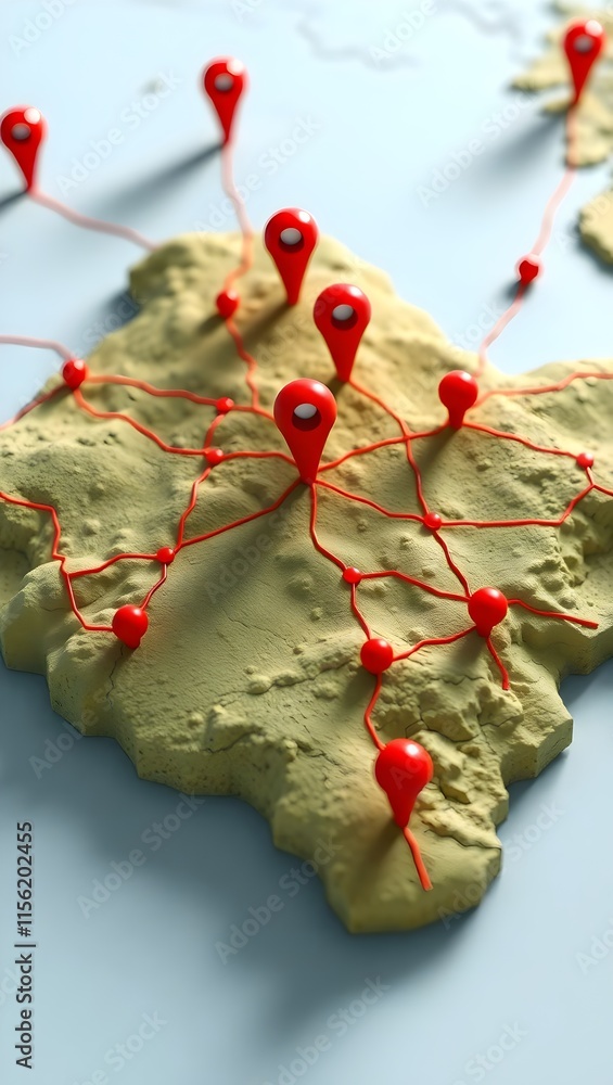 3d map with red location pins and network lines illustrating gis ...