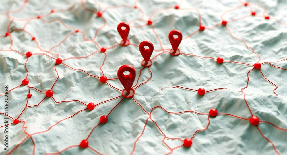 3d map with red location pins and network lines illustrating gis ...