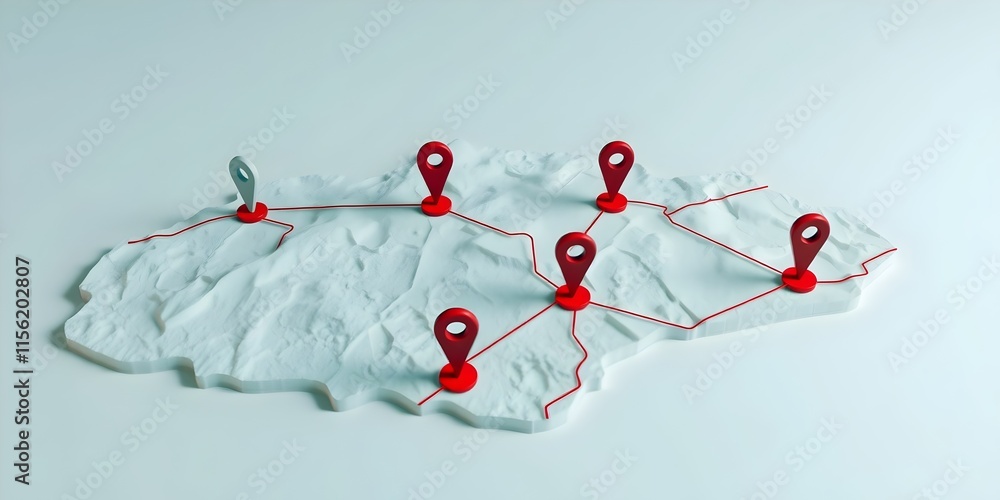 3d map with red location pins and network lines illustrating gis ...