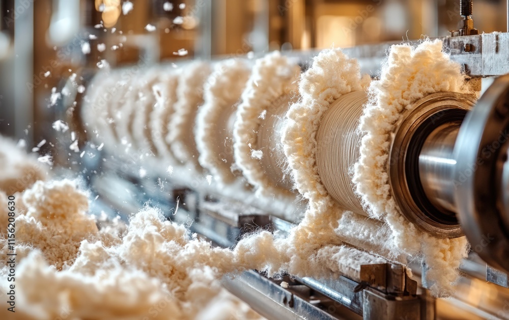 Stock-Foto „Witness the magic of cotton combing! Fluffy fibers ...