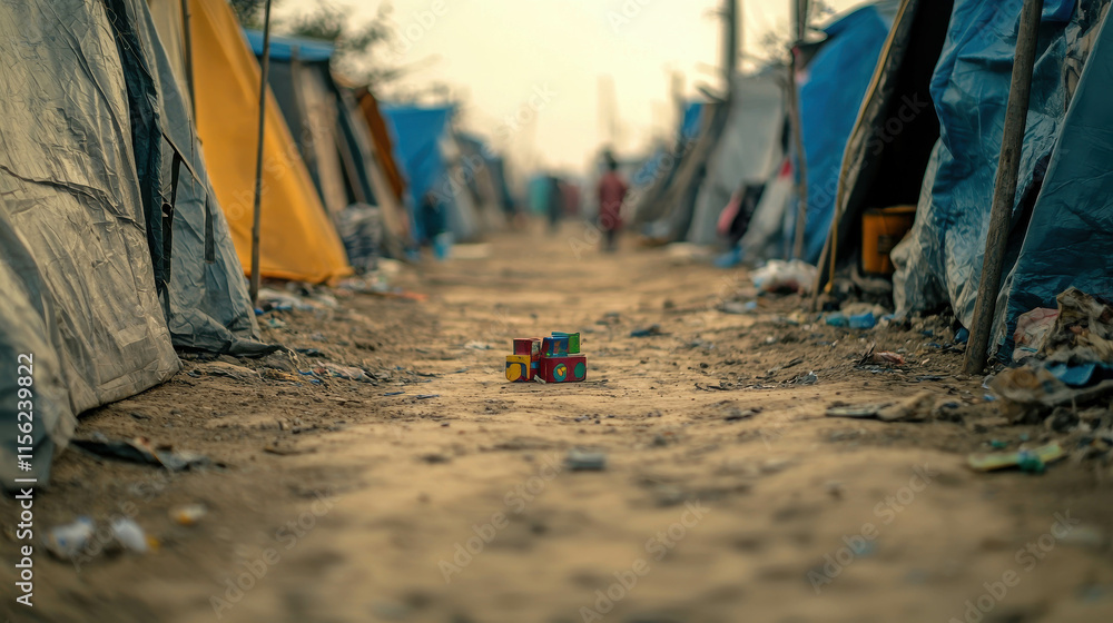 Crowded Refugee Camp with Makeshift Tents Lined Up in Dusty Pathway ...