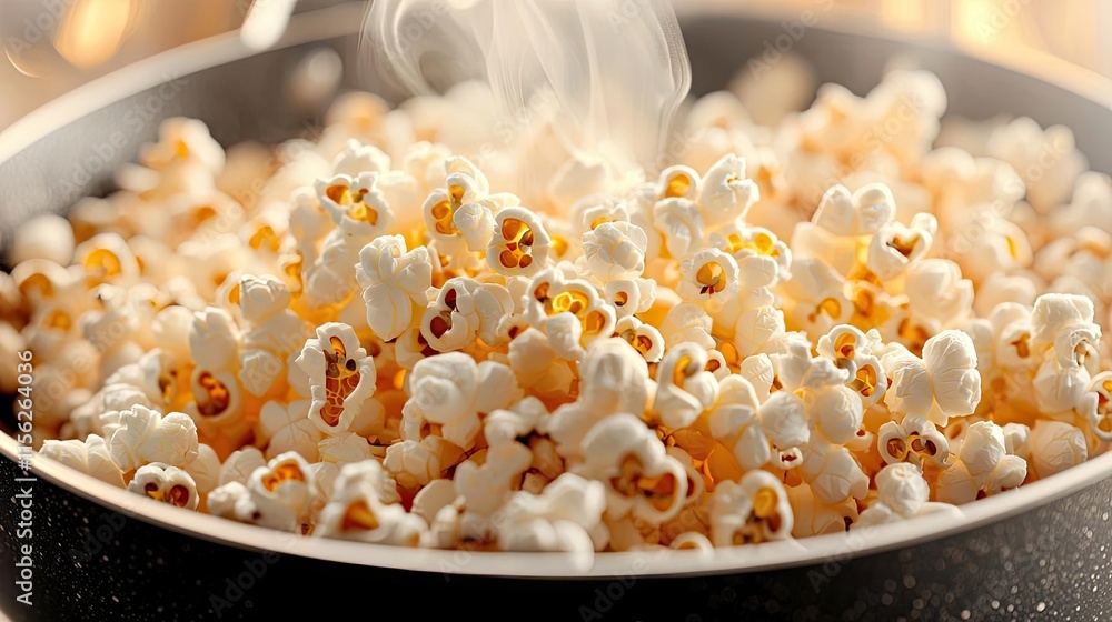Popcorn pan concept. Freshly popped popcorn with steam rising, perfect ...