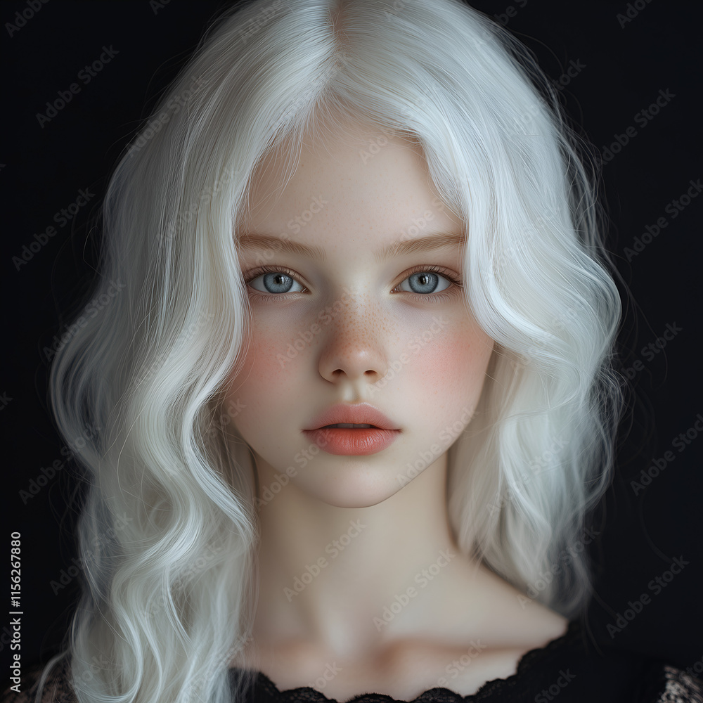 young and beautiful girl with white hair, pale skin, thin lips, facing ...