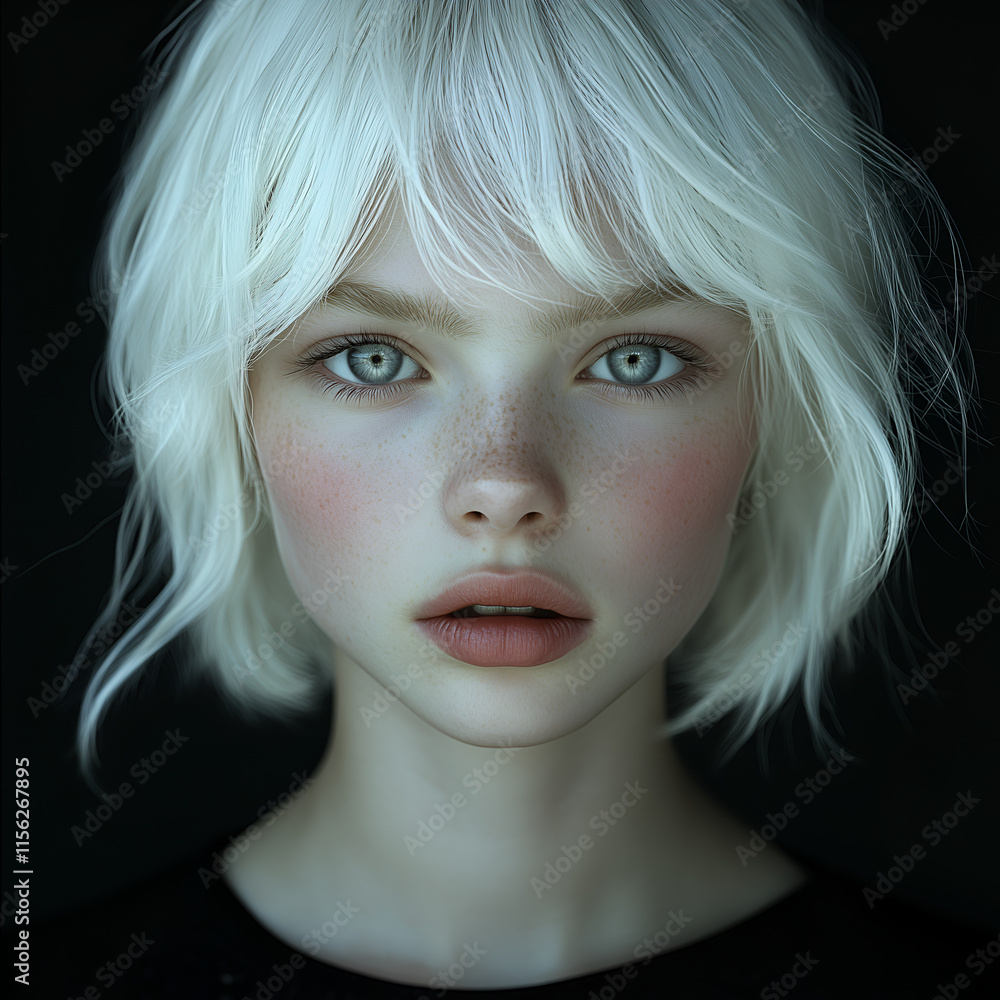 young and beautiful girl with white hair, pale skin, thin lips, facing ...