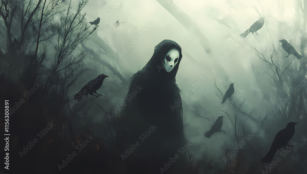 Eerie cloaked figure with a mask and crows, gothic landscape Stock ...