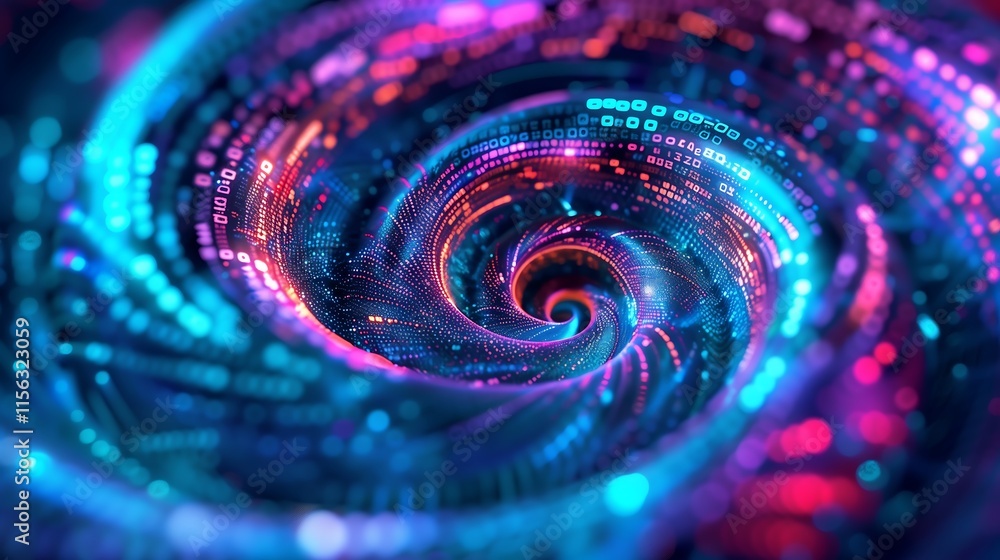 Abstract data vortex with spiraling neon light patterns and binary ...