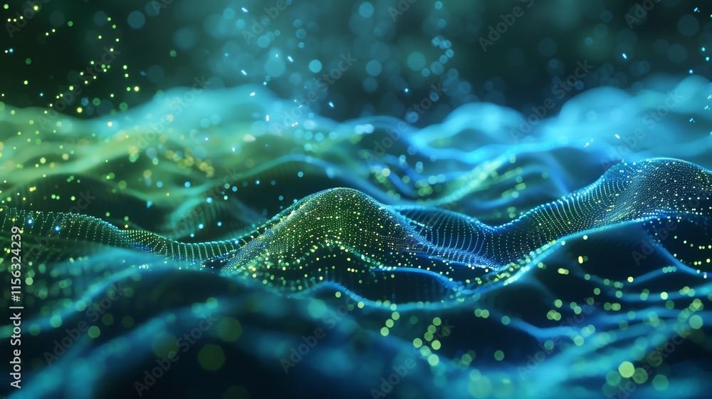 Dynamic cyber tunnel with glowing blue and green data particles ...