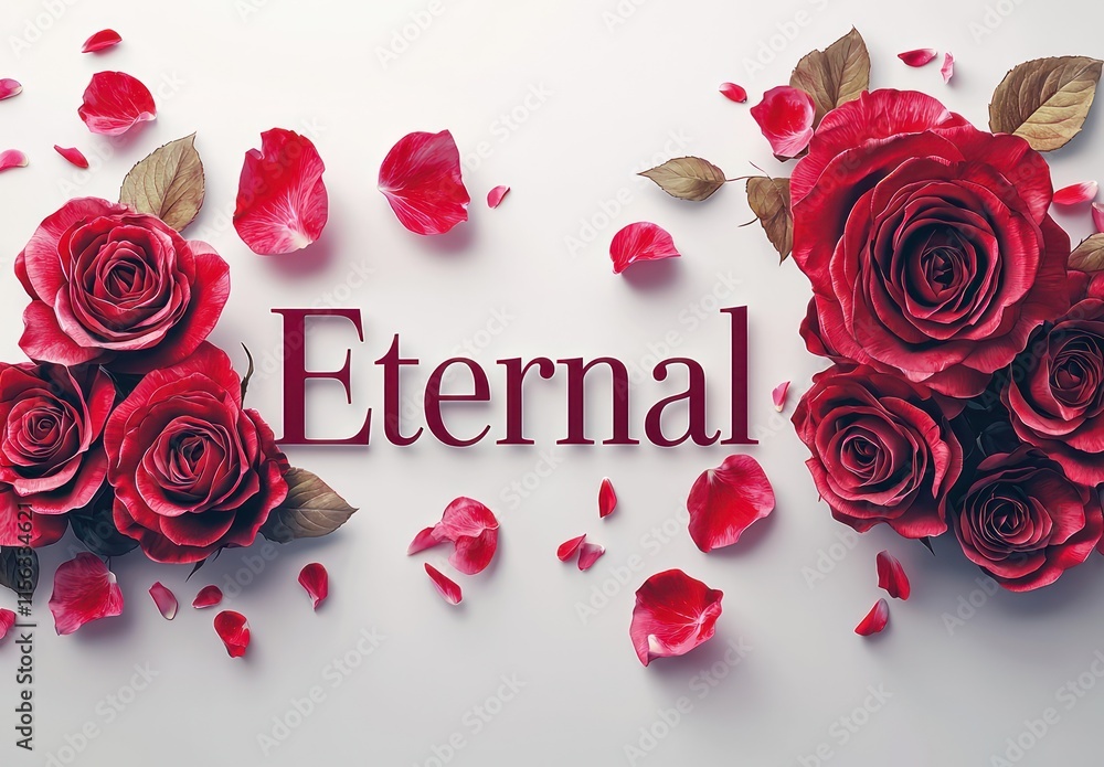 "Eternal" in modern 3D text, enhanced with crimson roses and drifting ...