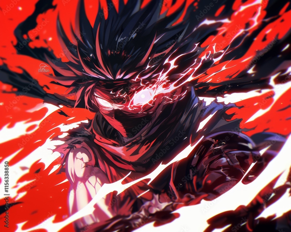Red energy around the face of an anime character with black shadow in ...