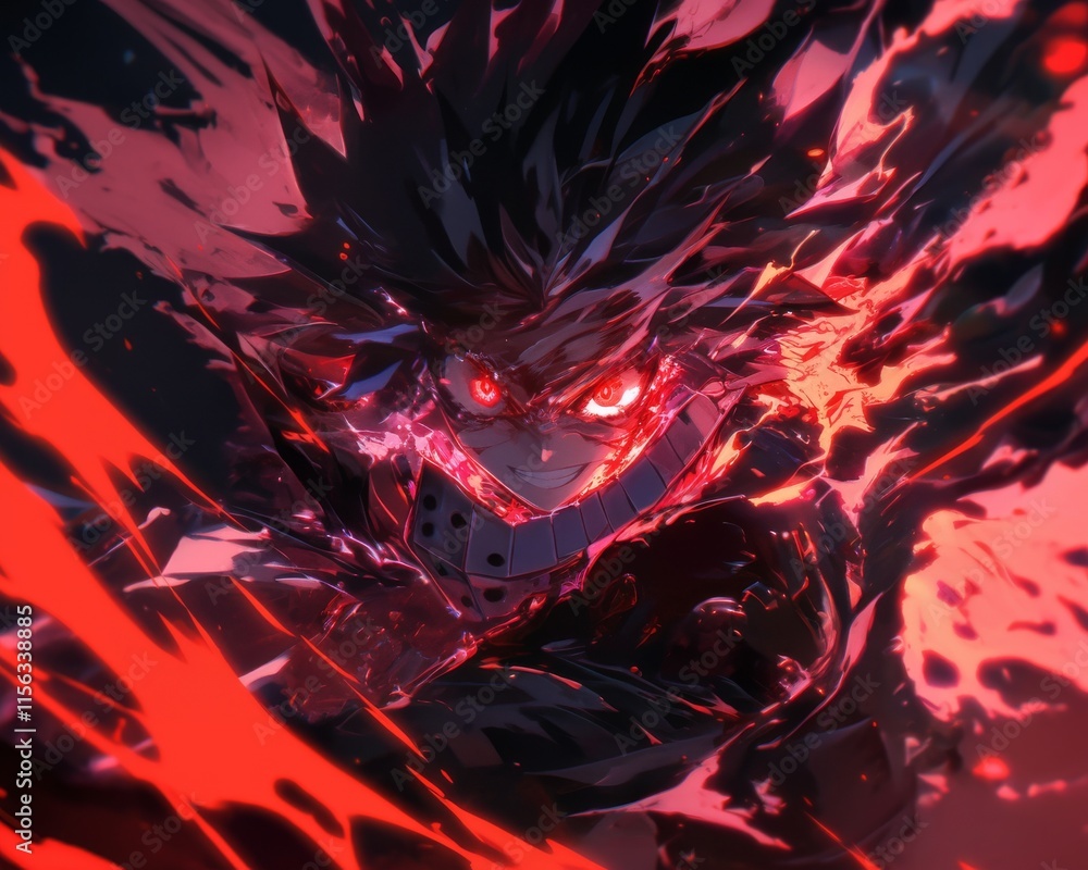 Red energy around the face of an anime character with black shadow in ...