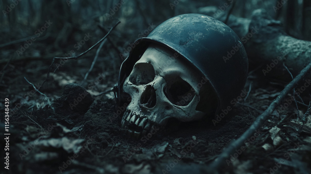 Eerie forest scene human skull helmet lying amidst fallen leaves ...