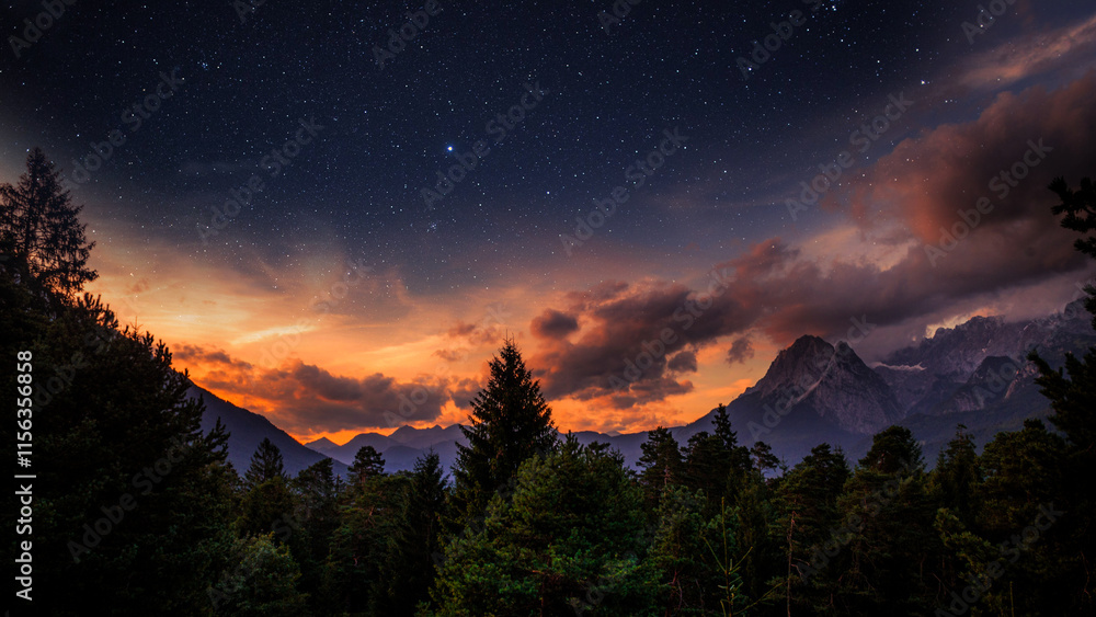 starry sky over a rocky mountain at sunset, outer space wallpaper for ...