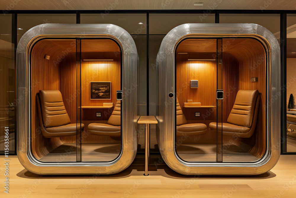 Focus pods with corrugated metal exteriors, glass sliding doors, and ...