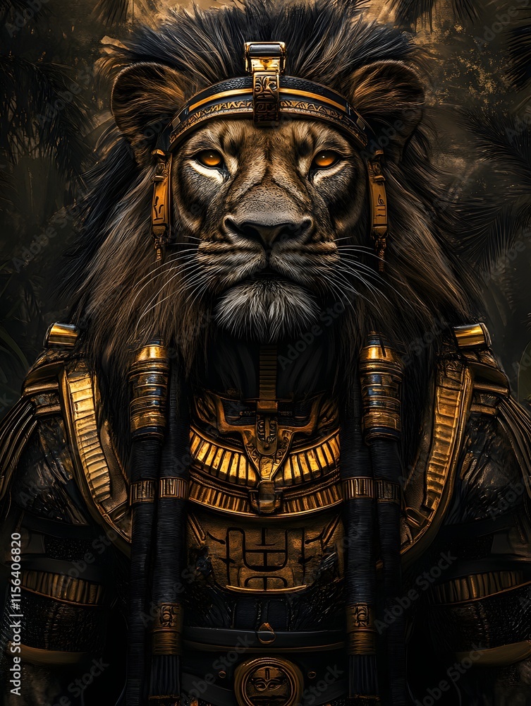 Majestic Lion Pharaoh: A regal digital art portrait of a lion adorned ...