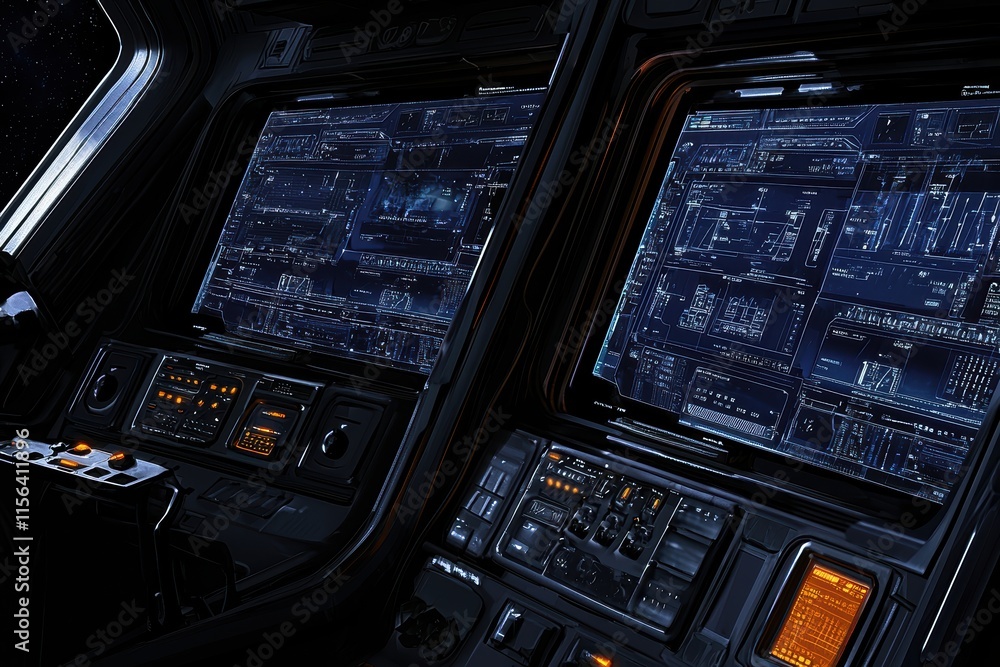 Control Room Dashboards of a Futuristic Spacecraft Interior Stock ...