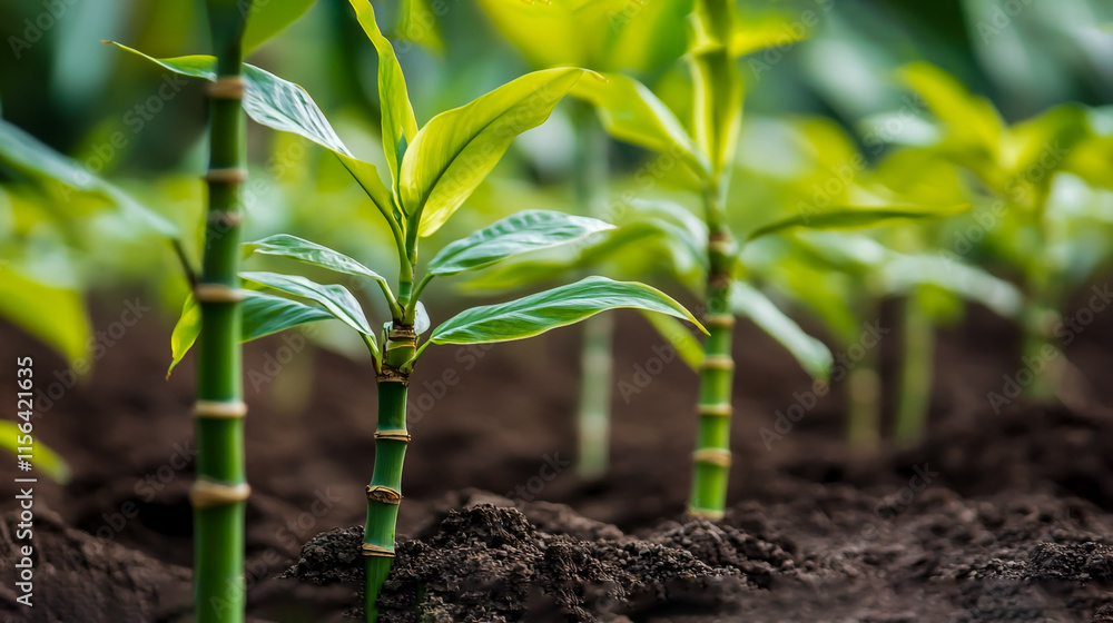 The bamboo shoots grow from the soil, with a green background and ...