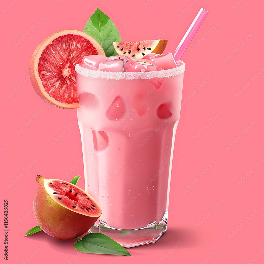 Guava smoothie in a frosted glass, pink drink with guava slices and ...