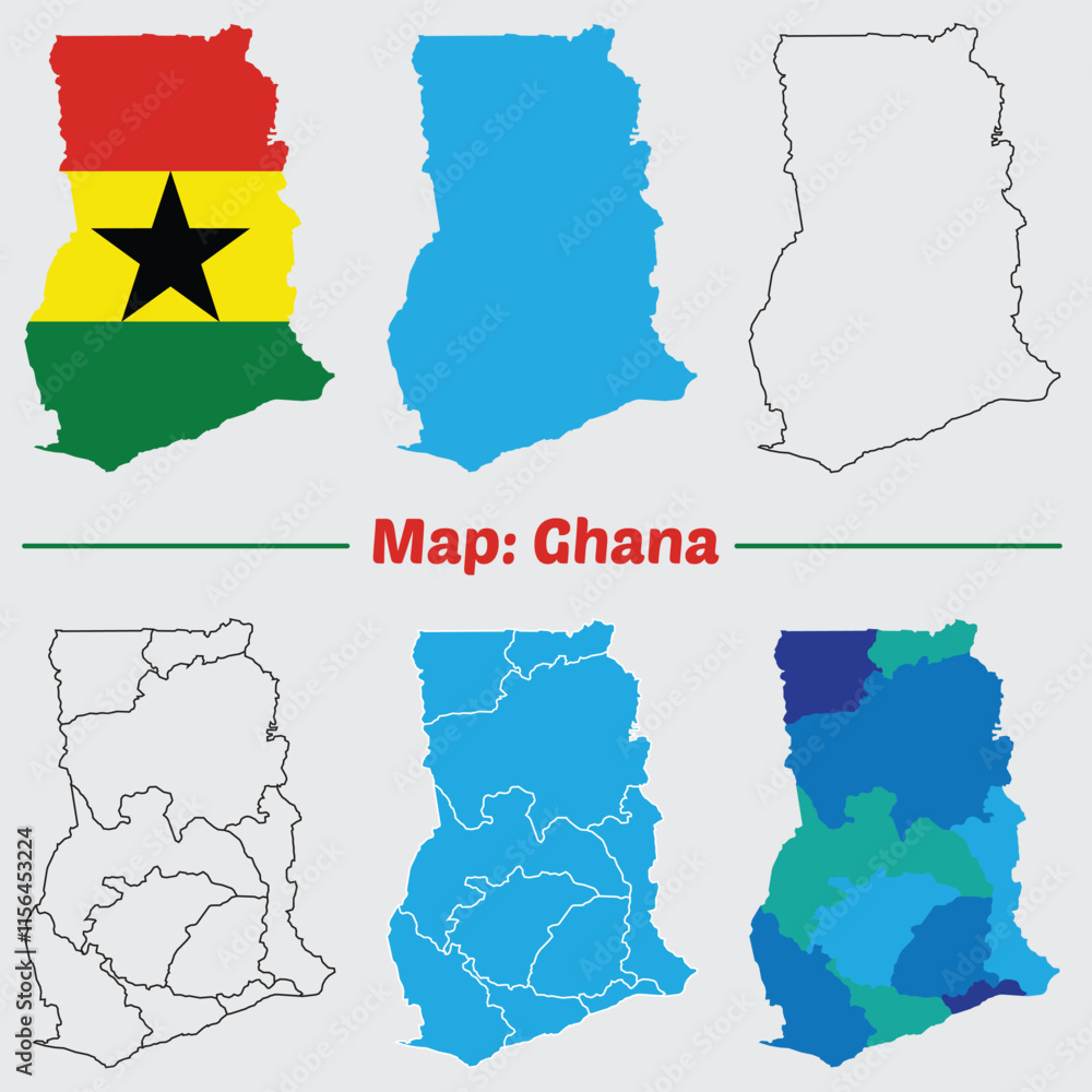 Ghana country map set. internal provinces borders marked, Simple map of ...