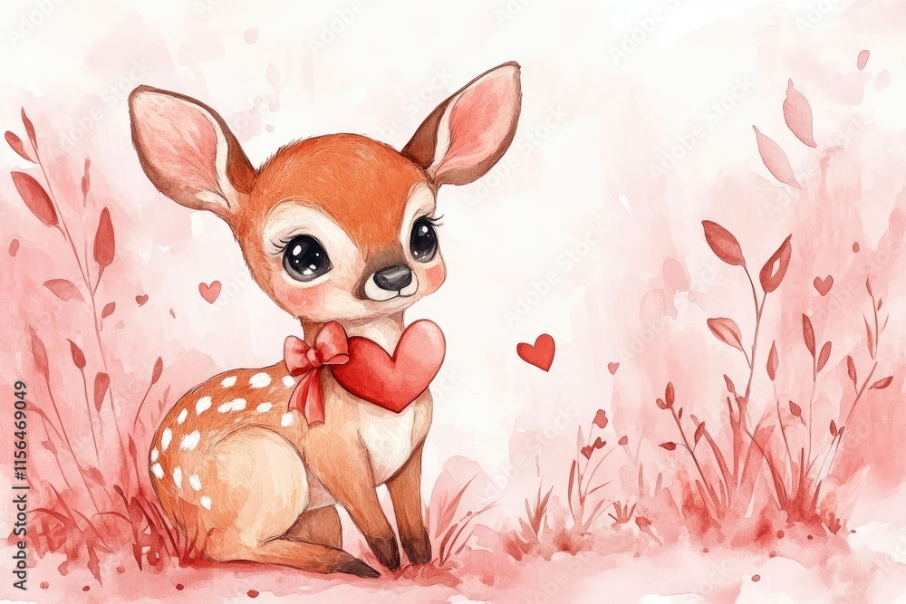 Cute fawn wearing red heart showing love in romantic watercolor ...