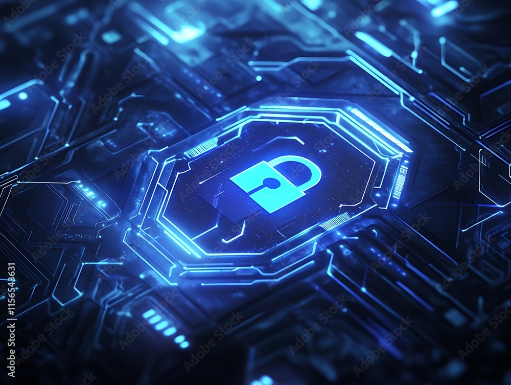 Digital blue lock logo on black background, data transfer and security ...