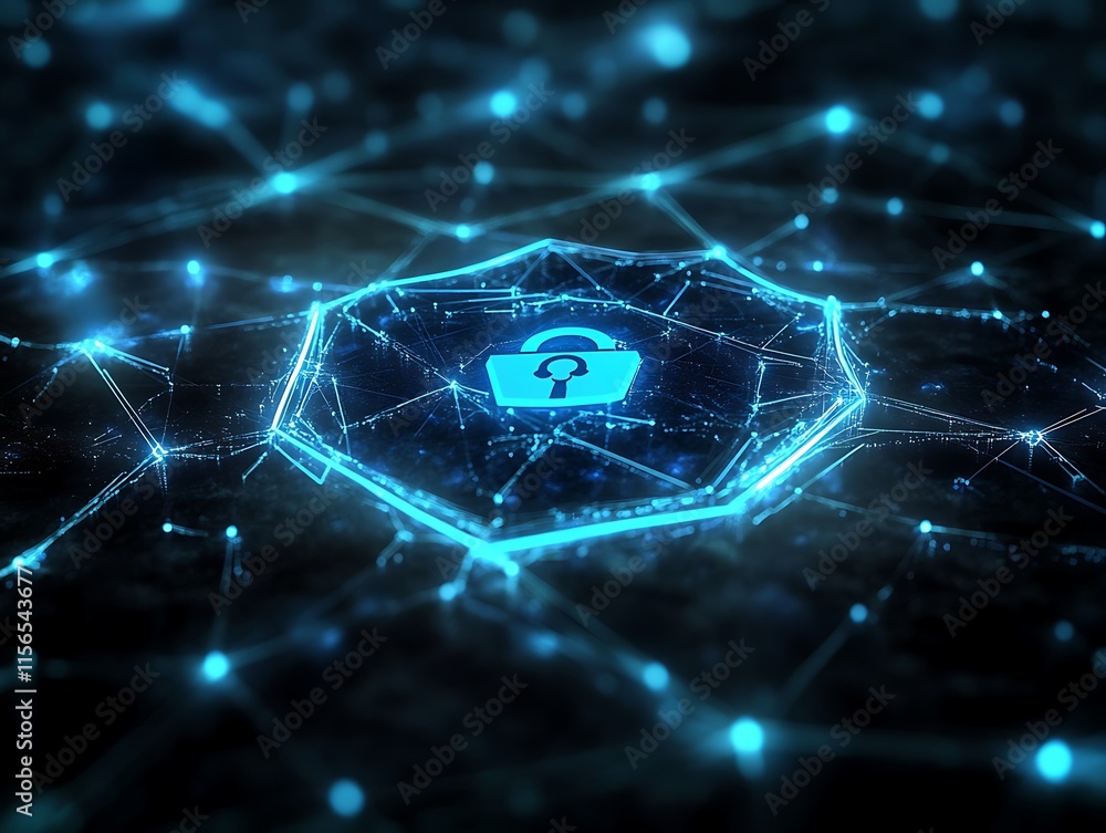 Digital blue lock logo on black background, data transfer and security ...