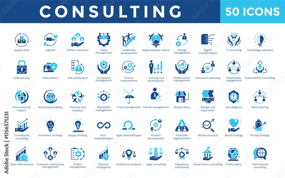 Consulting icons set with supply chain, logistics, human resources ...