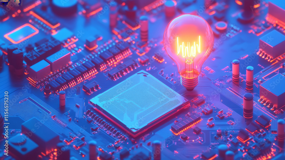 Abstract digital AI chip and lightbulb on technology blue background ...
