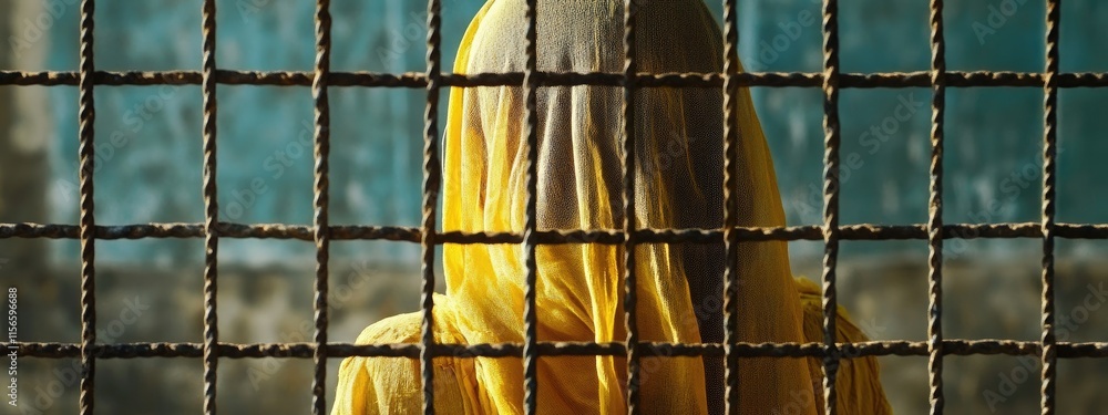 Documentary Concept Depicting Bound Woman Behind Bars with Space for ...