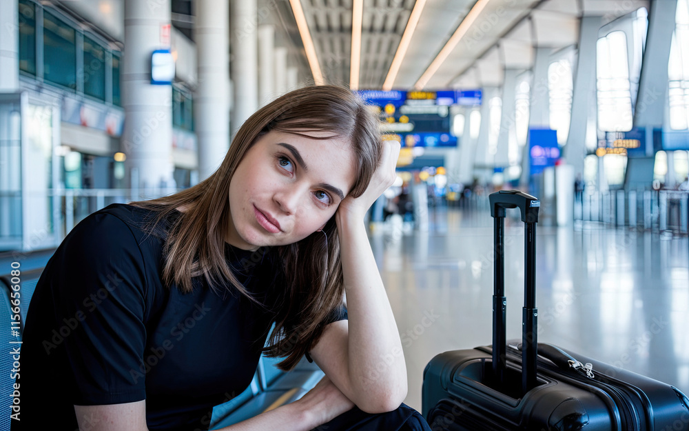 Young Woman in Airport Terminal, Resting Head on Hand, Deep in Thought ...