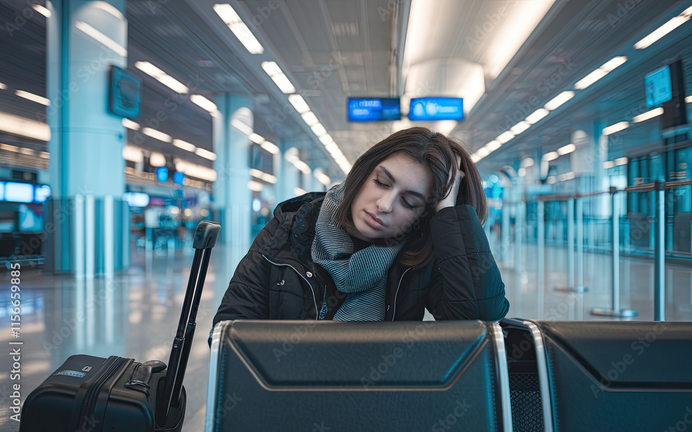 Young Woman in Airport Terminal, Resting Head on Hand, Deep in Thought ...