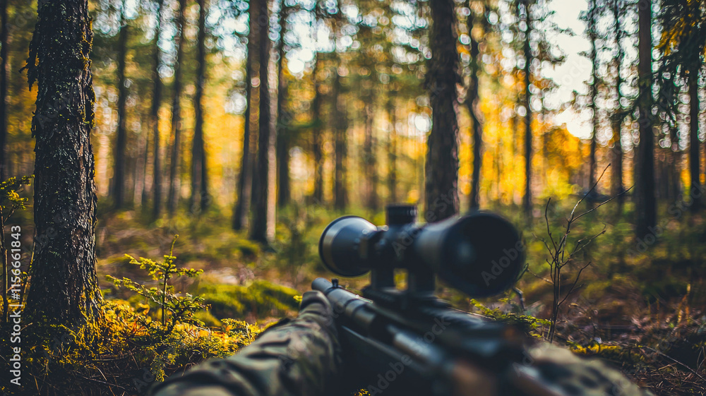 A sniper lying prone in a forest, carefully aiming through a high ...