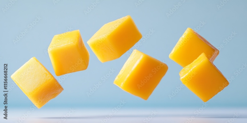 Five mango cubes are positioned in a floating manner against a pristine ...