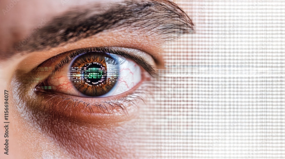 Close up of an eye with laser beams shining through it surrounded by ...
