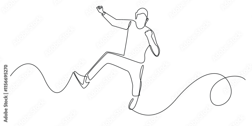 continuous line drawing of a man jumping happily.one line drawing of a ...