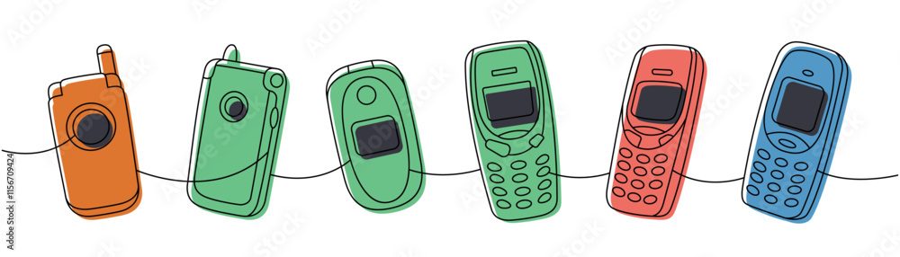 Retro phones one line colored continuous drawing. Mobile flip phone ...