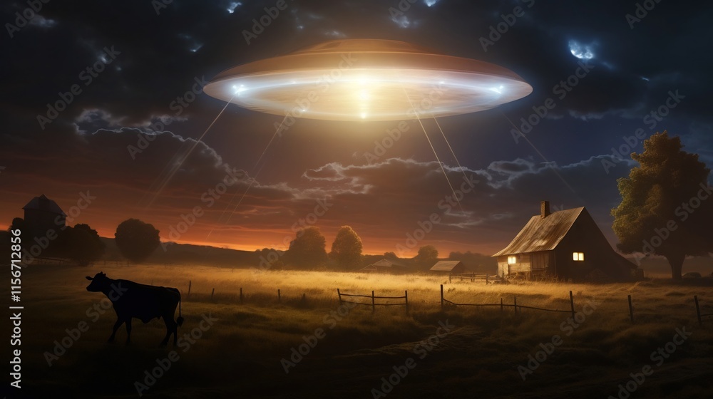 An eerie and captivating digital depicting a UFO hovering over a rural field using a glowing ...