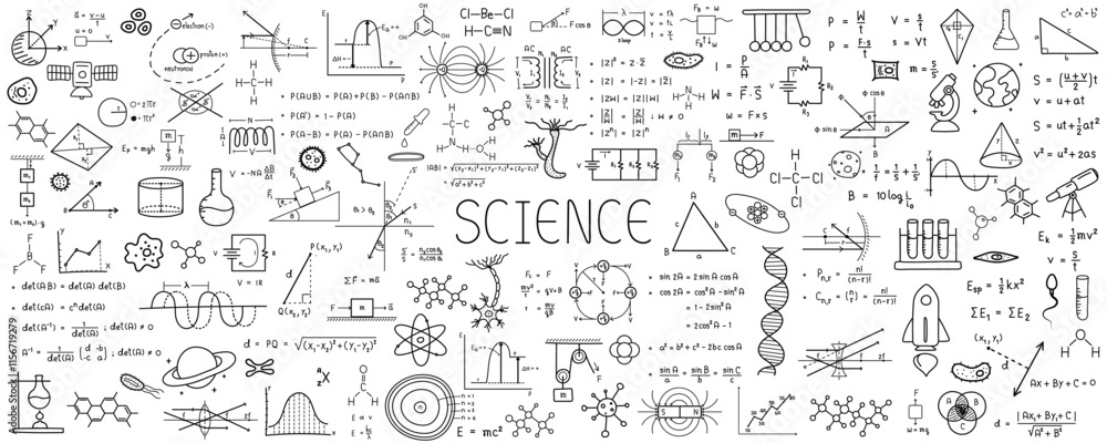 Science line hand drawn symbols. Geometric icons and formulas of ...