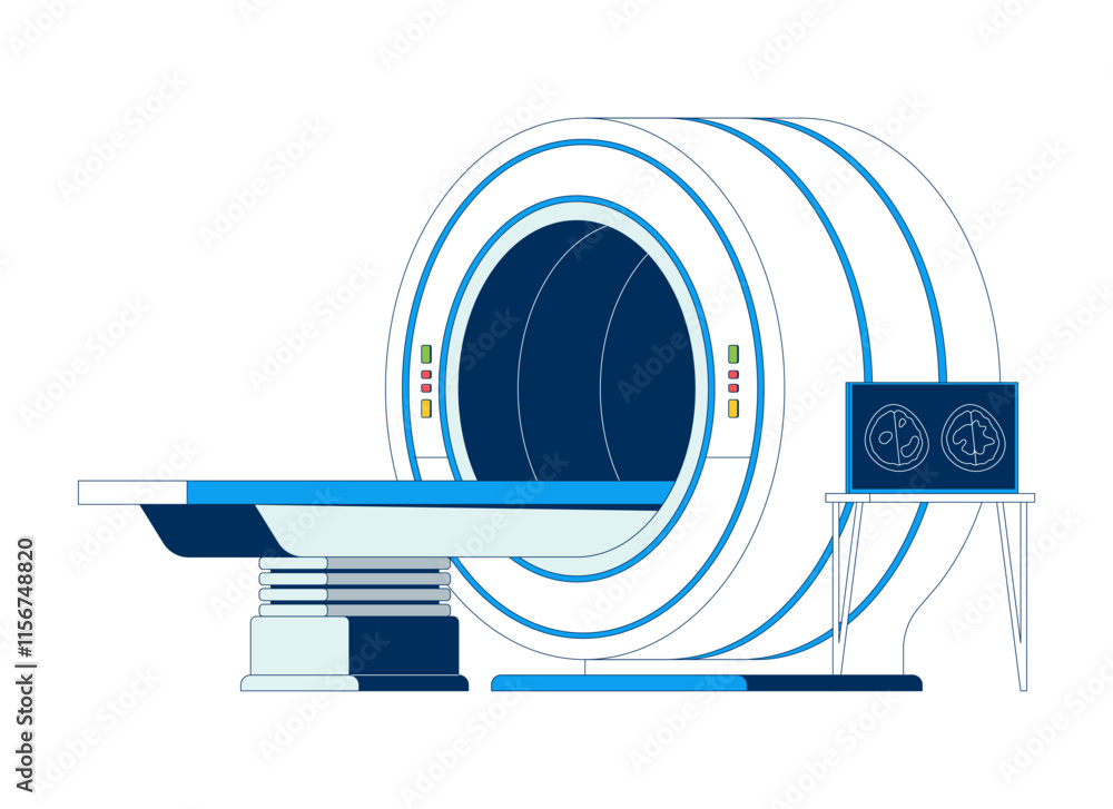 MRI machine with patient table 2D cartoon object. Diagram brain cross ...